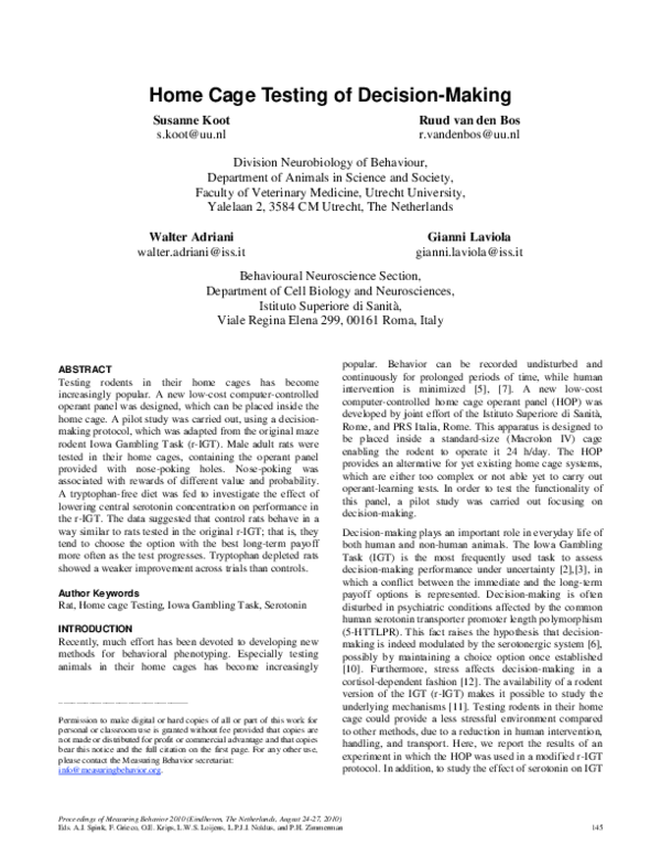 (PDF) Home Cage Testing of Decision-Making