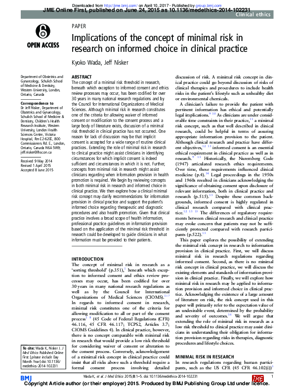 (PDF) Implications of the concept of minimal risk in research on ...