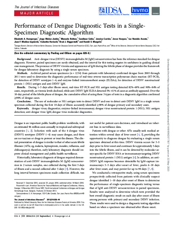 Pdf The Performance Of Dengue Diagnostic Tests In A Single Specimen Diagnostic Algorithm