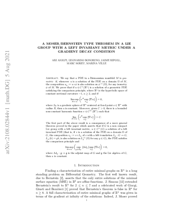 Pdf A Moserbernstein Type Theorem In A Lie Group With A Left
