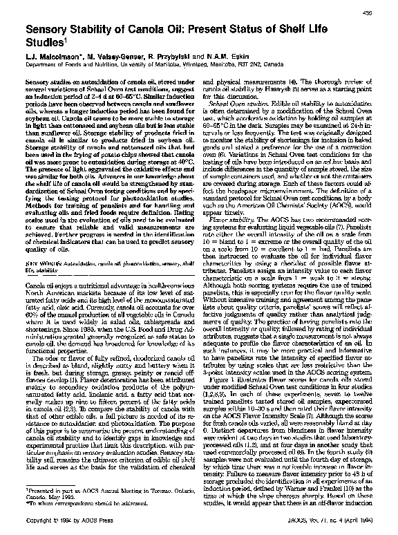 (PDF) Sensory stability of canola oil: Present status of shelf life studies