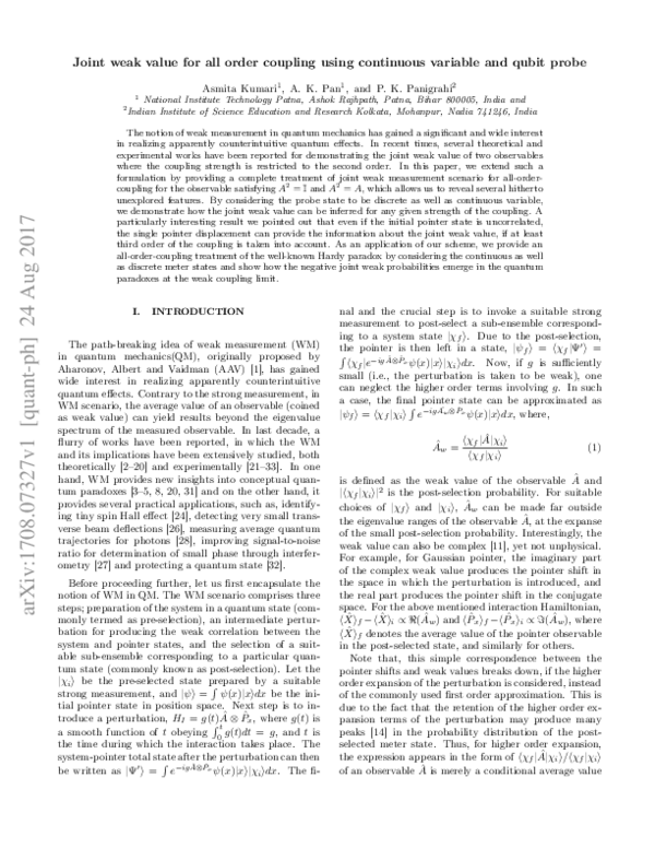 (PDF) Joint weak value for all order coupling using continuous variable and qubit probe
