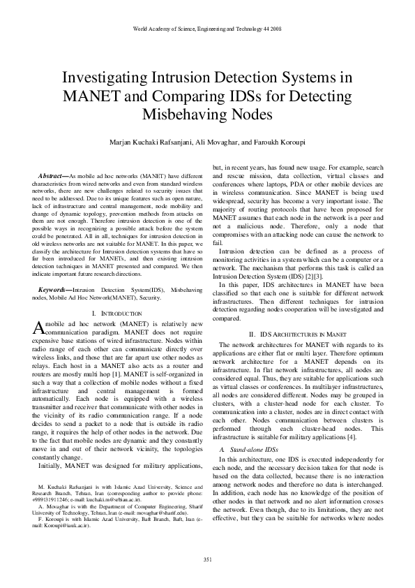 Pdf Investigating Intrusion Detection Systems In Manet And Comparing Idss For Detecting