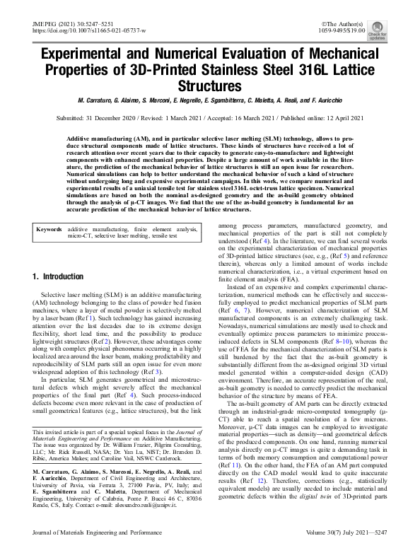 (PDF) Experimental and Numerical Evaluation of Mechanical Properties of 3D-Printed Stainless ...