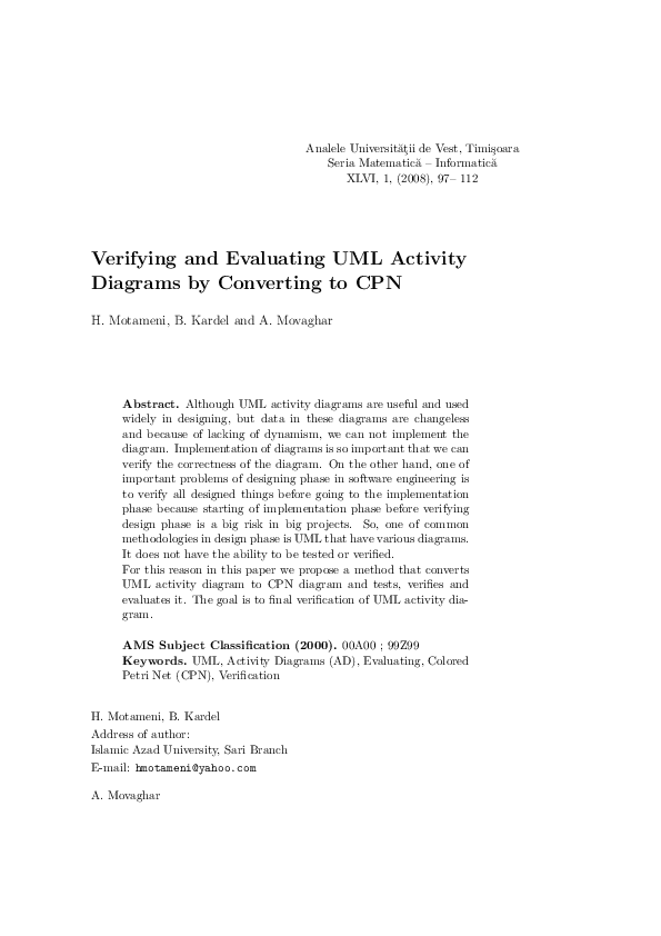 (PDF) Verifying and evaluating UML activity diagram by converting to CPN