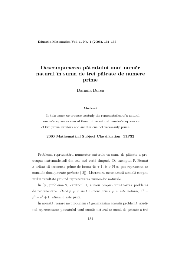 (PDF) Descompunerea p atratului unui num ar natural n suma de trei p atrate de numere prime