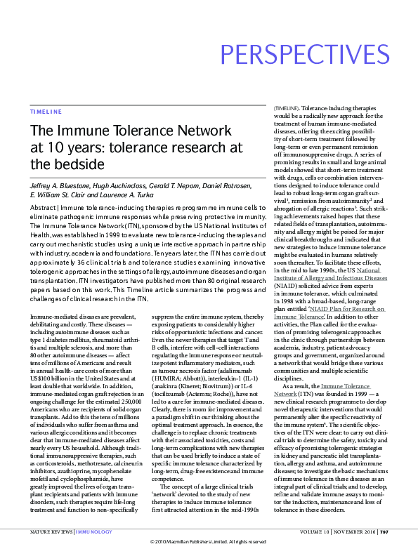 (PDF) The Immune Tolerance Network at 10 years: tolerance research at ...