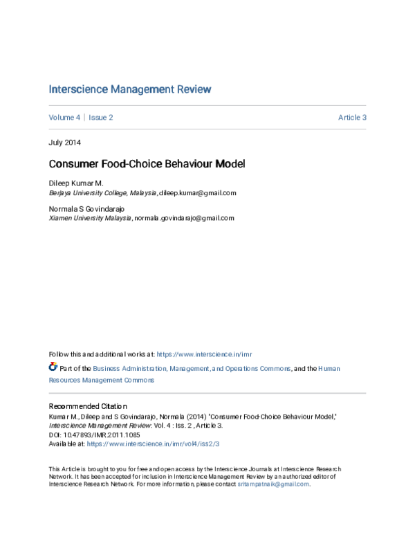 (PDF) Consumer Food-Choice Behaviour Model