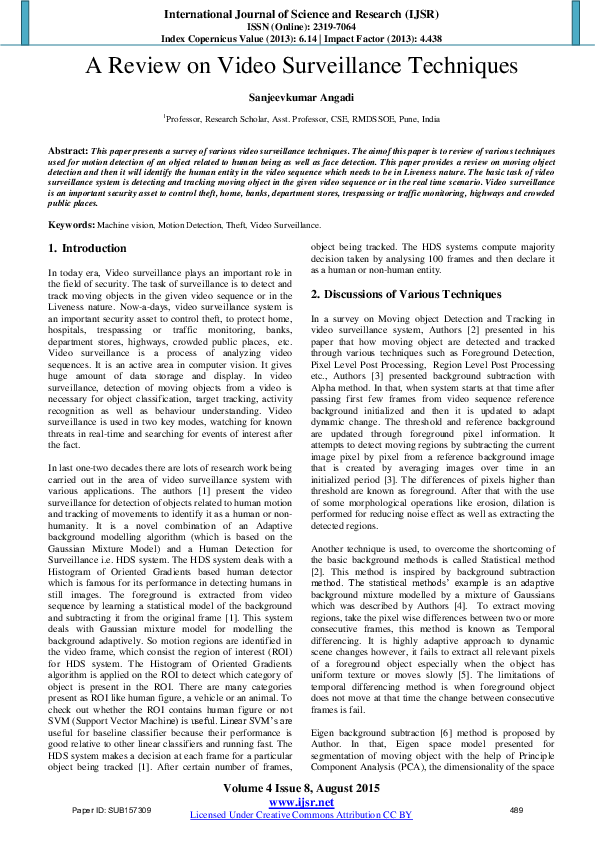 (PDF) A Review on Video Surveillance Techniques