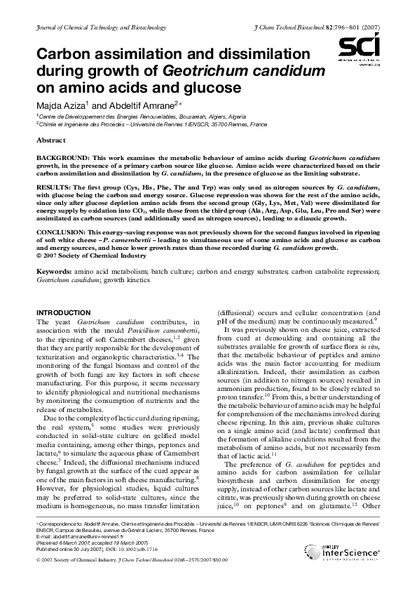 (PDF) Carbon assimilation and dissimilation during growth ofGeotrichum ...