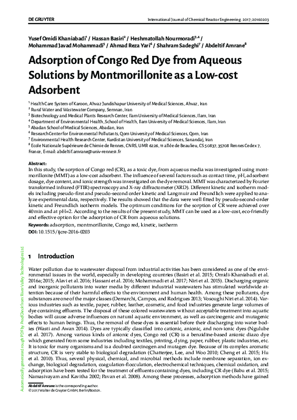 (PDF) Adsorption of Congo Red Dye from Aqueous Solutions by Montmorillonite as a Low-cost Adsorbent