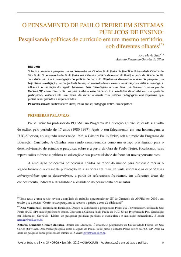 (PDF) O Pensamento De Paulo Freire Em Sistemas Públicos De Ensino ...