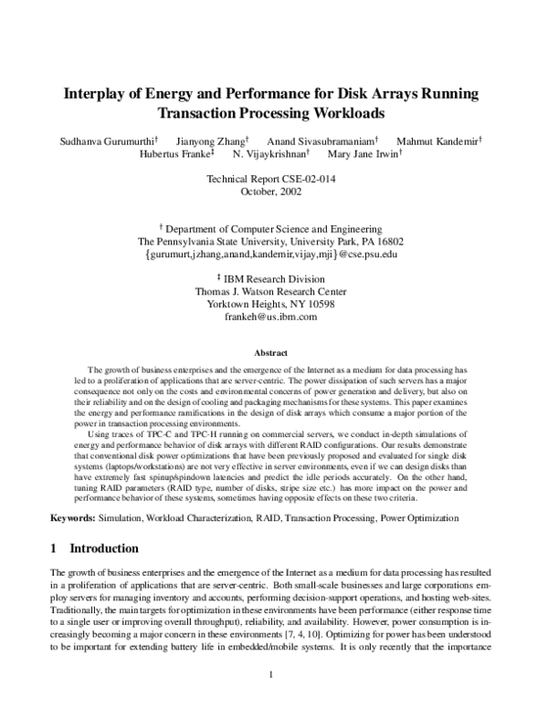 (PDF) Interplay of Energy and Performance for Disk Arrays Running Transaction Processing Workloads