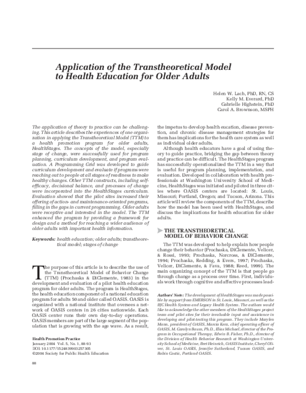 (PDF) Application of the transtheoretical model to health education for older adults