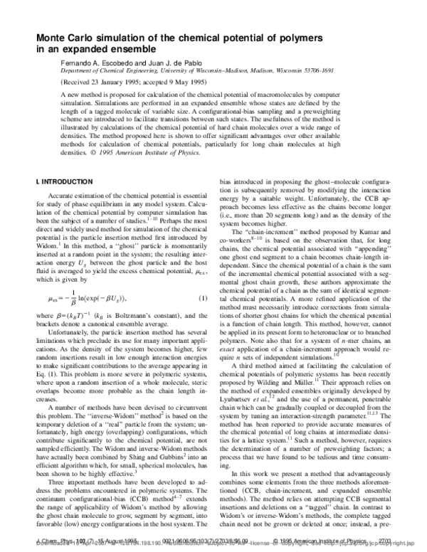 (PDF) Monte Carlo simulation of the chemical potential of polymers in an expanded ensemble