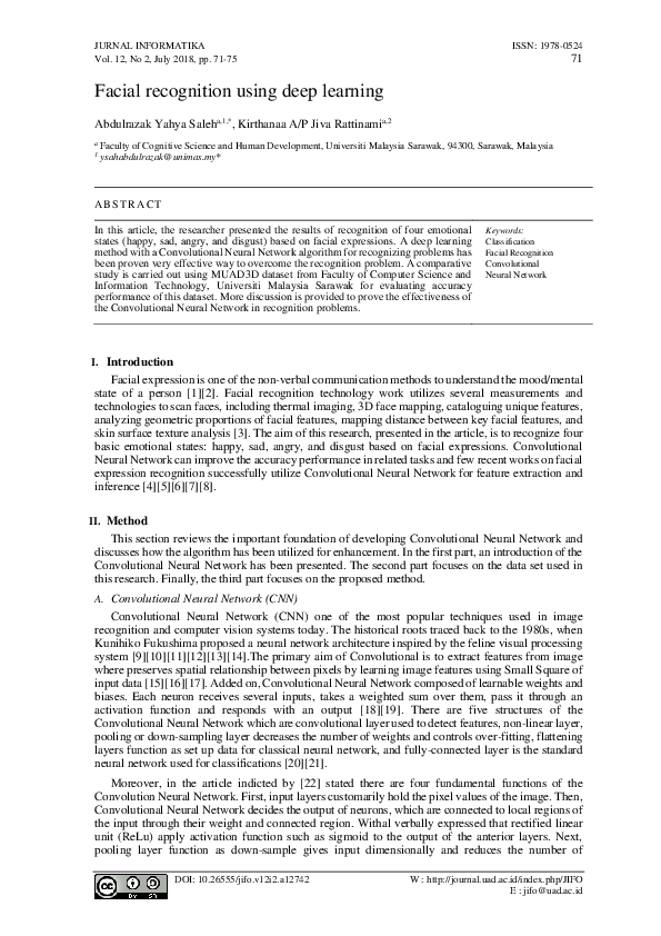 (PDF) Facial recognition using deep learning