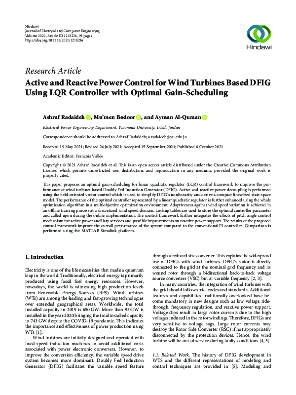 Pdf Active And Reactive Power Control For Wind Turbines Based Dfig Using Lqr Controller With