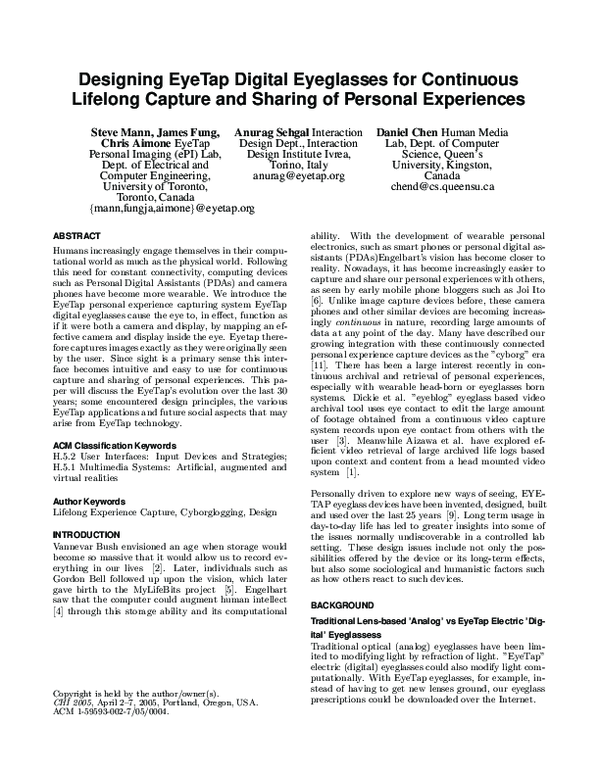 (PDF) Designing EyeTap digital eyeglasses for continuous lifelong ...