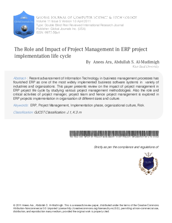 (PDF) The Role and Impact of Project Management in ERP project ...