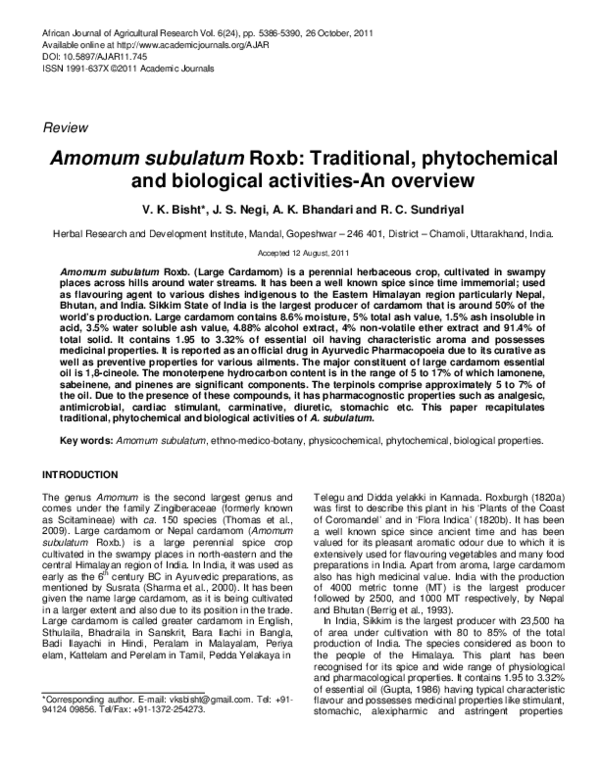 (PDF) Amomum subulatum Roxb: Traditional, phytochemical and biological activities-An overview