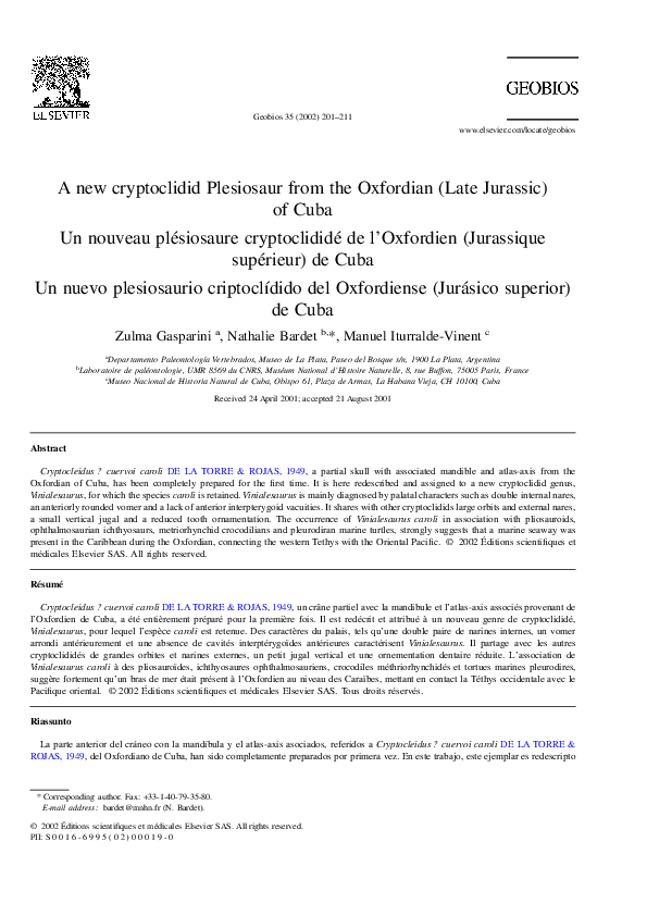 (PDF) A new cryptoclidid Plesiosaur from the Oxfordian (Late Jurassic ...