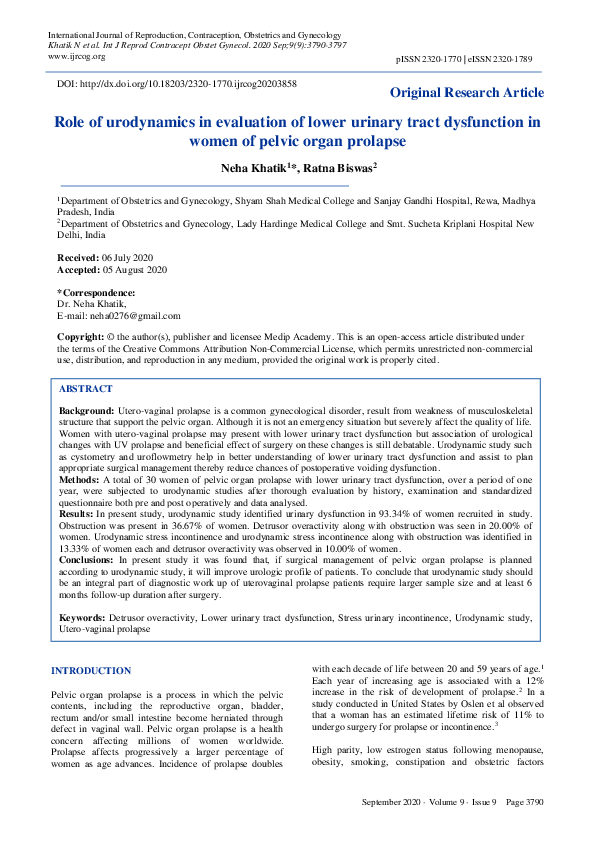Pdf Role Of Urodynamics In Evaluation Of Lower Urinary Tract Dysfunction In Women Of Pelvic