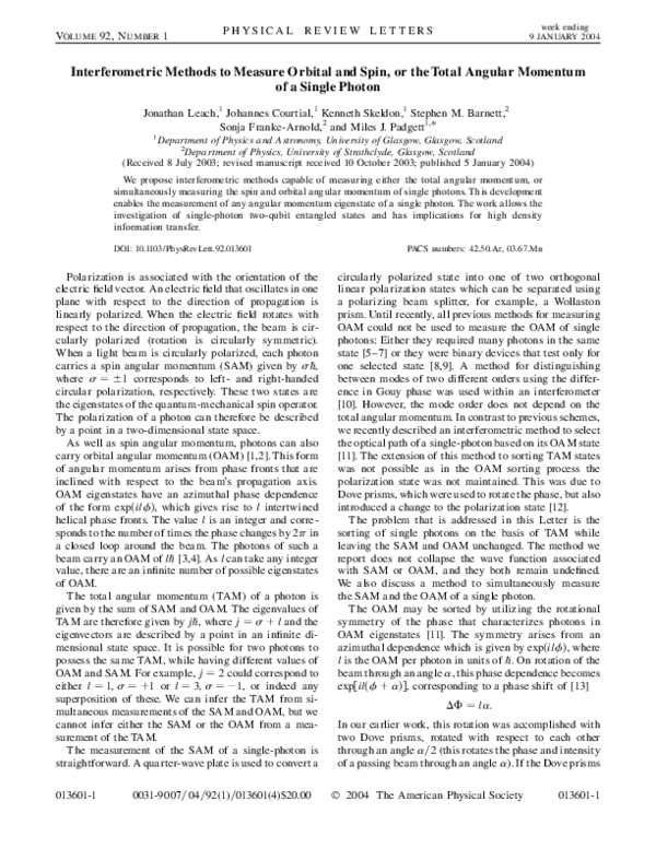 (PDF) Interferometric Methods to Measure Orbital and Spin, or the Total Angular Momentum of a ...