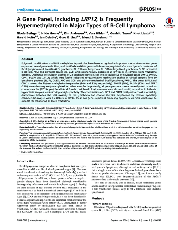 (PDF) A Gene Panel, Including LRP12, Is Frequently Hypermethylated in ...
