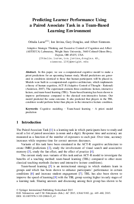 (PDF) Predicting Learner Performance Using a Paired Associate Task in a ...