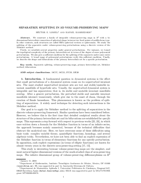 (PDF) Separatrix splitting in 3D volume-preserving maps