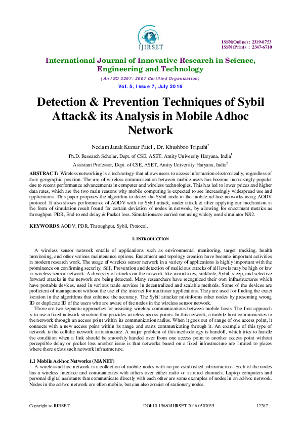 (PDF) Detection & Prevention Techniques of Sybil Attack& its Analysis in Mobile Adhoc Network