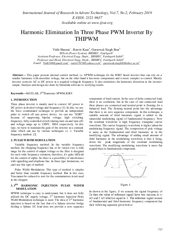 (PDF) Harmonic Elimination In Three Phase PWM Inverter By THIPWM