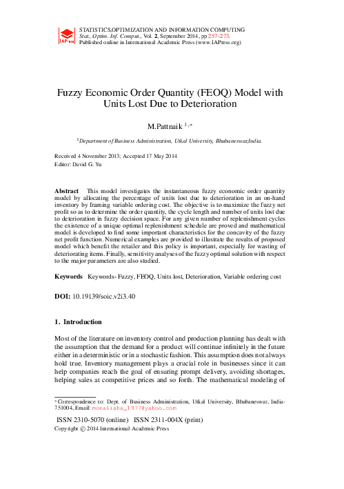 (PDF) Fuzzy Economic Order Quantity (FEOQ) Model with Units Lost Due to Deterioration