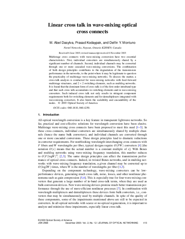 (PDF) Linear cross talk in wave-mixing optical cross connects