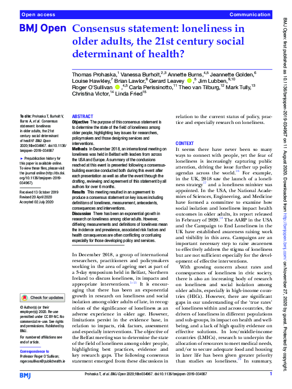 (PDF) Consensus statement: loneliness in older adults, the 21st century ...