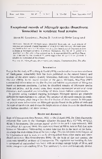 (PDF) Exceptional recors of Microgale species (Insectivora: Tenrecidae ...