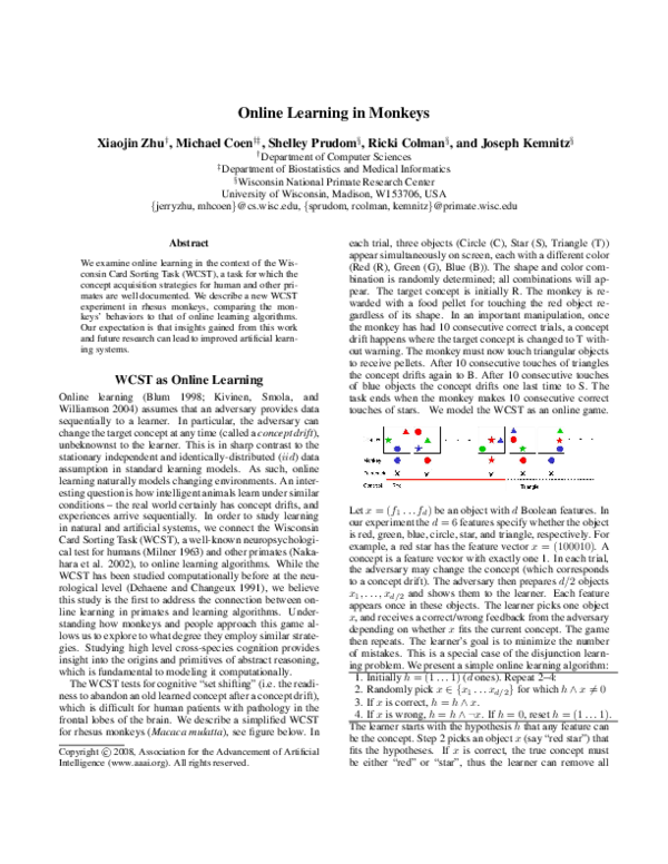 (PDF) Online Learning in Monkeys