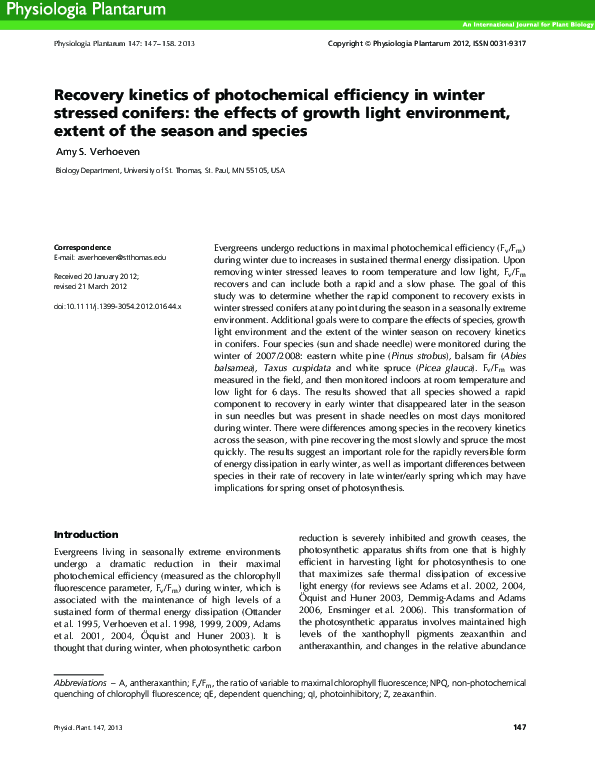 (PDF) Recovery kinetics of photochemical efficiency in winter stressed ...