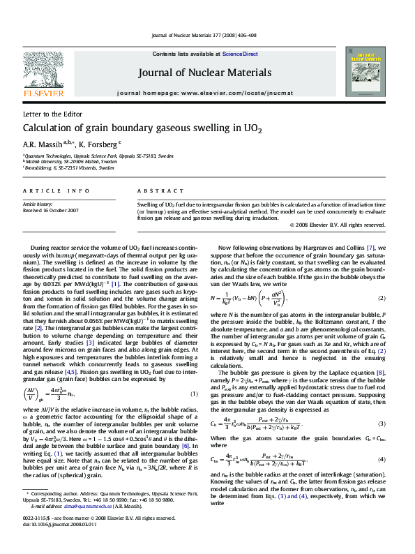 (PDF) Calculation of grain boundary gaseous swelling in UO2