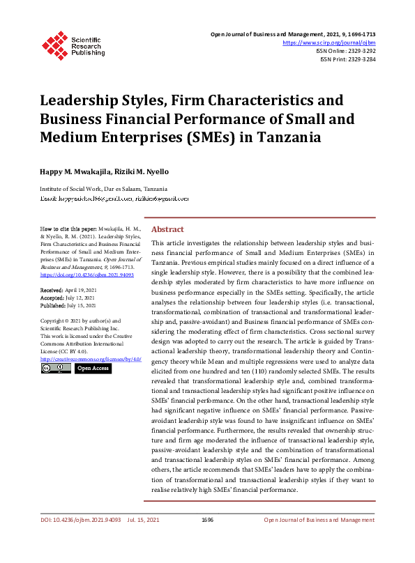 (PDF) Leadership Styles, Firm Characteristics and Business Financial Performance of Small and ...