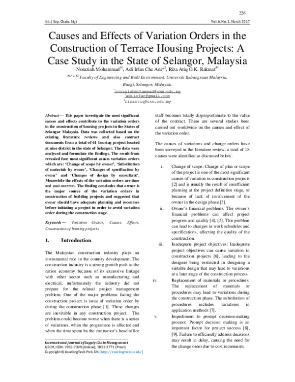 (PDF) Causes and Effects of Variation Orders in the Construction of ...