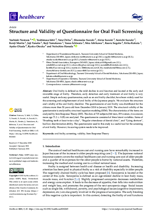 (PDF) Structure and Validity of Questionnaire for Oral Frail Screening