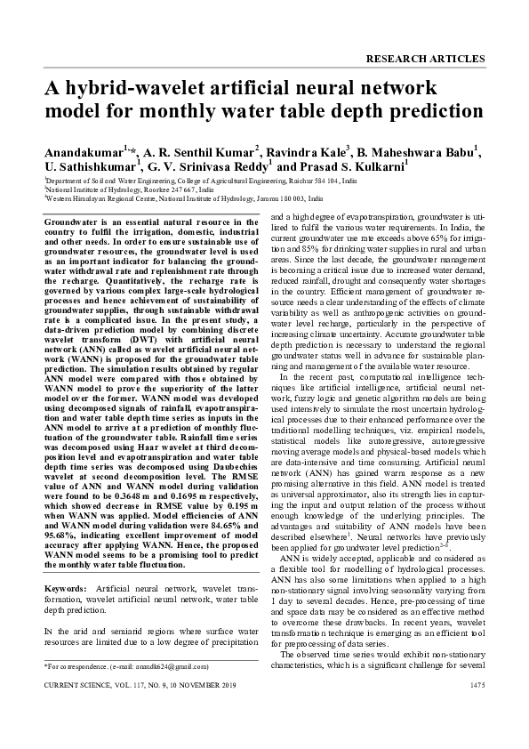 Pdf A Hybrid Wavelet Artificial Neural Network Model For Monthly Water Table Depth Prediction
