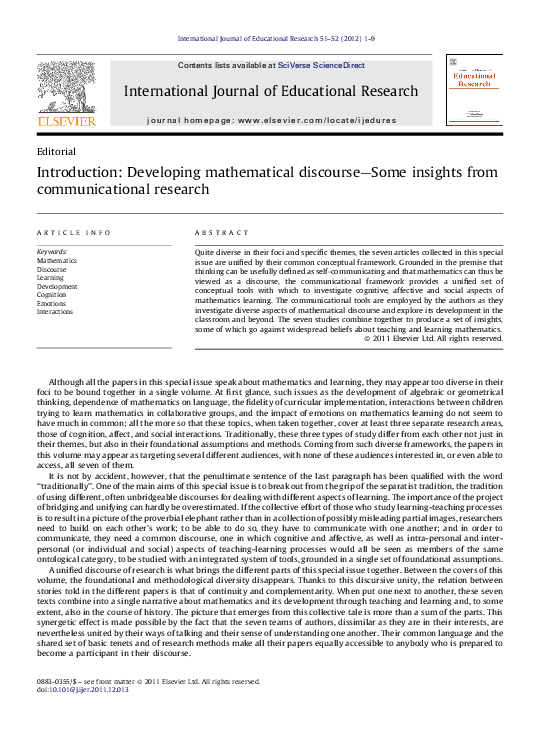 (PDF) Introduction: Developing mathematical discourse—Some insights from communicational research
