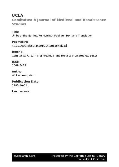 (PDF) Unibos: The Earliest Full-Length Fabliau (Text and Translation)