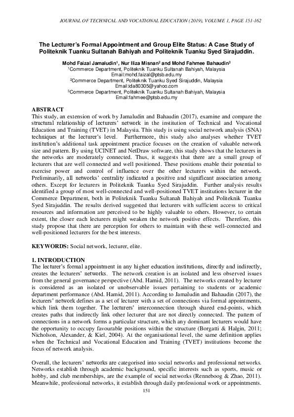 (PDF) The Lecturer’s Formal Appointment and Group Elite Status: A Case ...
