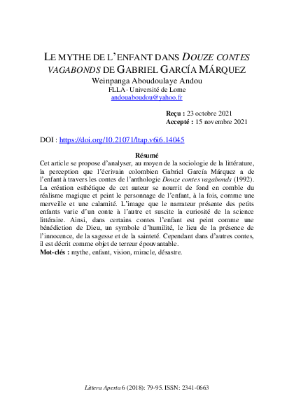 (PDF) LE MYTHE DE L'ENFANT DANS DOUZE CONTES VAGABONDS DE GABRIEL ...