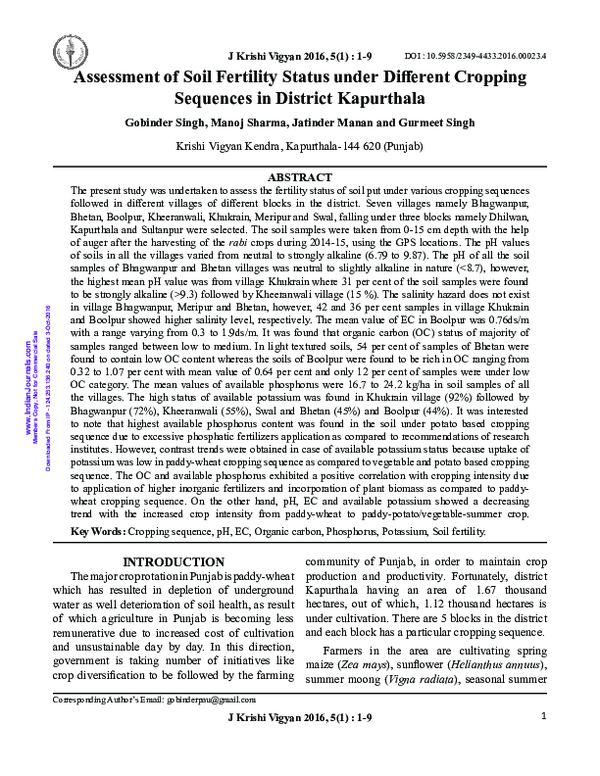 (PDF) Assessment of Soil Fertility Status under Different Cropping Sequences in District Kapurthala