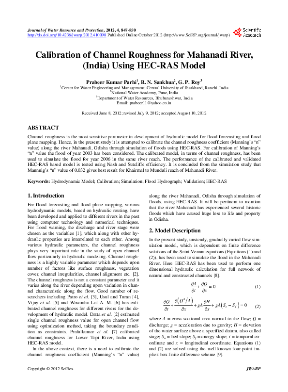 (PDF) Calibration of Channel Roughness for Mahanadi River, (India ...