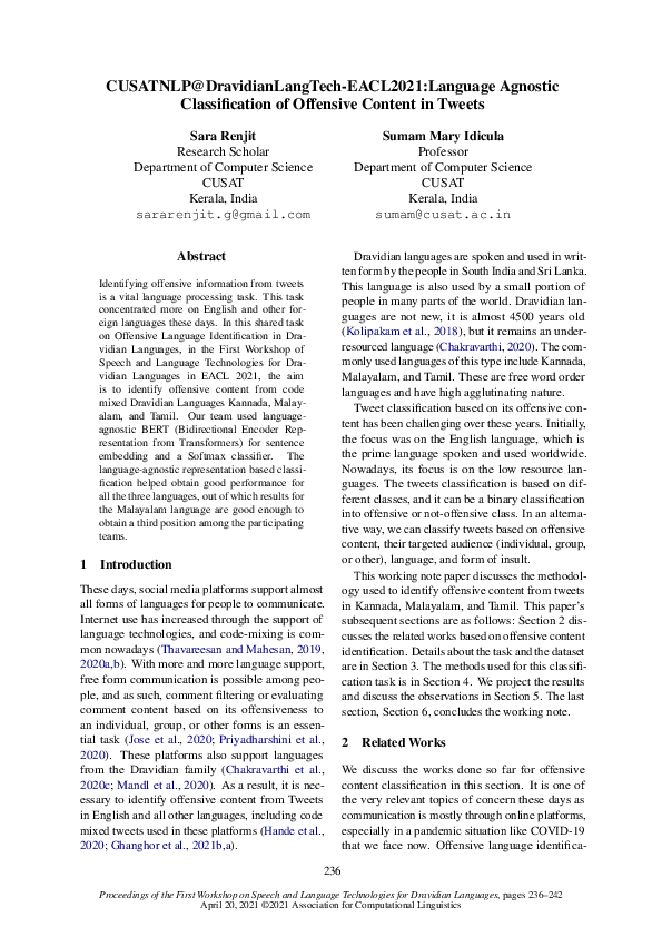 (PDF) CUSATNLP@DravidianLangTech-EACL2021:Language Agnostic Classification of Offensive Content ...